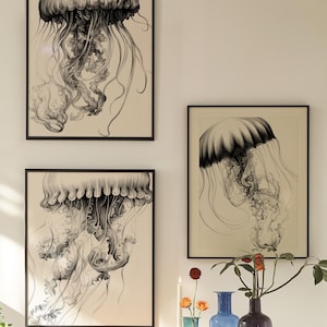 Set of 3 Oversized Jellyfish Prints | Triptych Wall Art | Black and ...