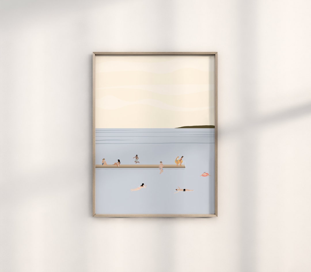 Tiny People Swimming in Lake Art Summer Lake People Print Minimalist ...