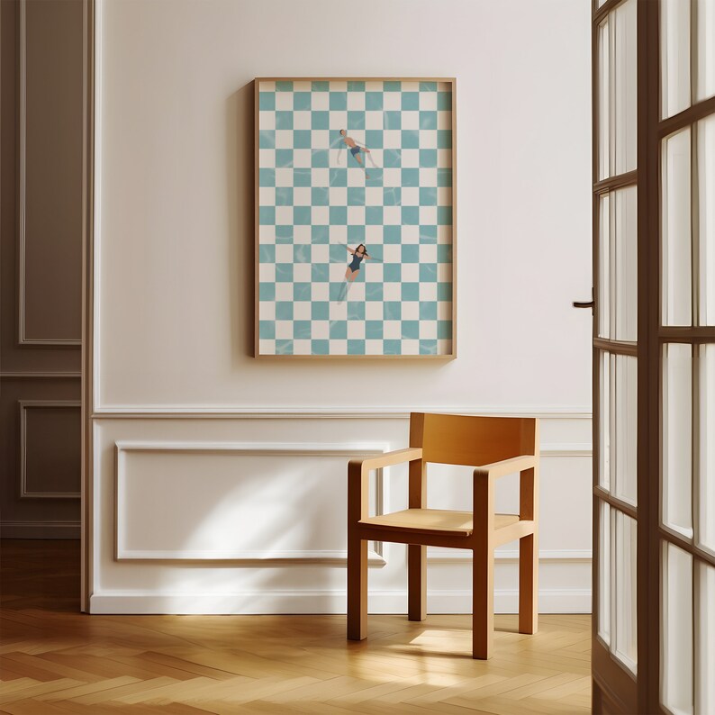 People at Pool Print | Retro Checker Board Pool | Summer Poster | Tiny ...