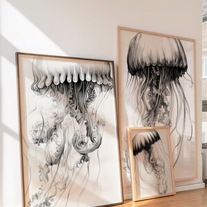 Set of 3 Oversized Jellyfish Prints | Triptych Wall Art | Black and ...