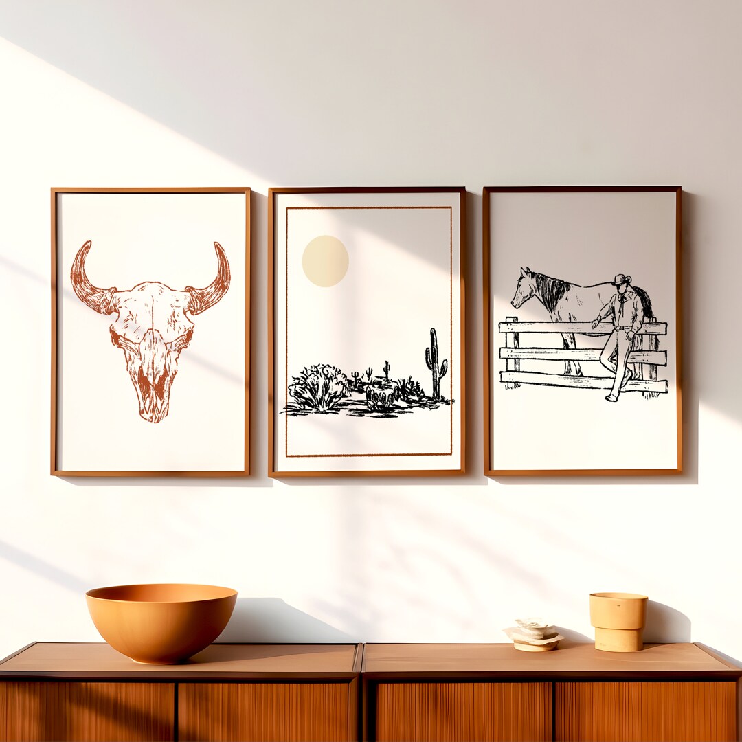 Set of 3 Cowboy Western Wall Prints | Black and White Southwest Decor ...