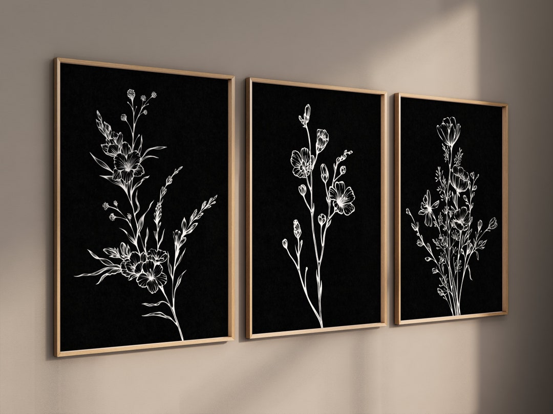 Set of 3 Line Art Flower Prints Black and White Art - Etsy