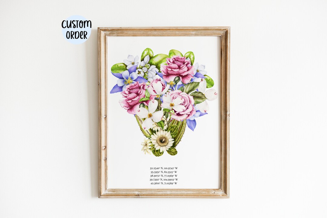 State Flower Bouquet with Coordinates Mother's Day Gift Custom ...