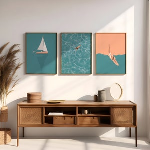 Set of 3 Minimalist Diver Prints | Triptych Beach Wall Art | Sailboat ...