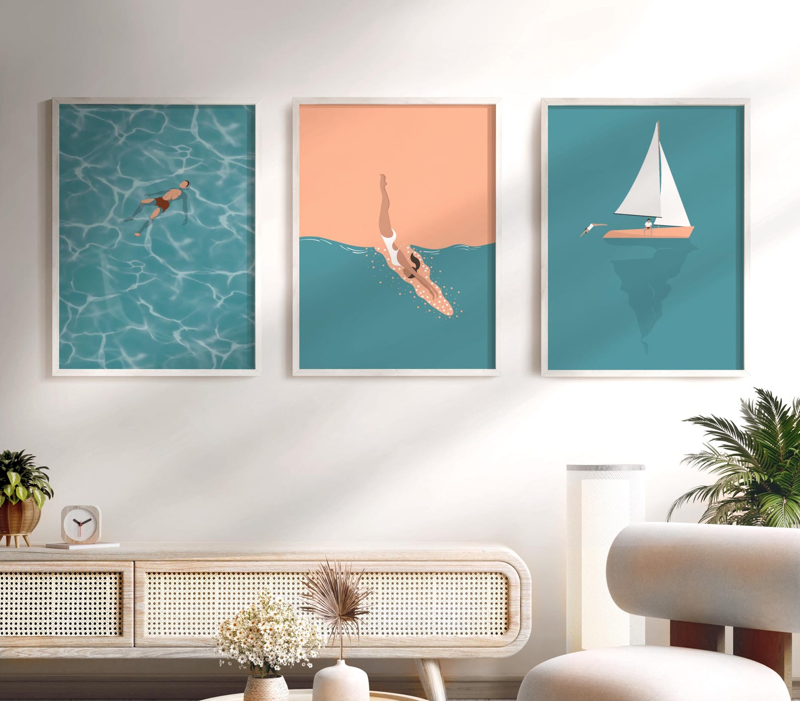 Set of 3 Minimalist Diver Prints | Triptych Beach Wall Art | Sailboat ...