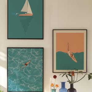 Set of 3 Minimalist Diver Prints | Triptych Beach Wall Art | Sailboat ...