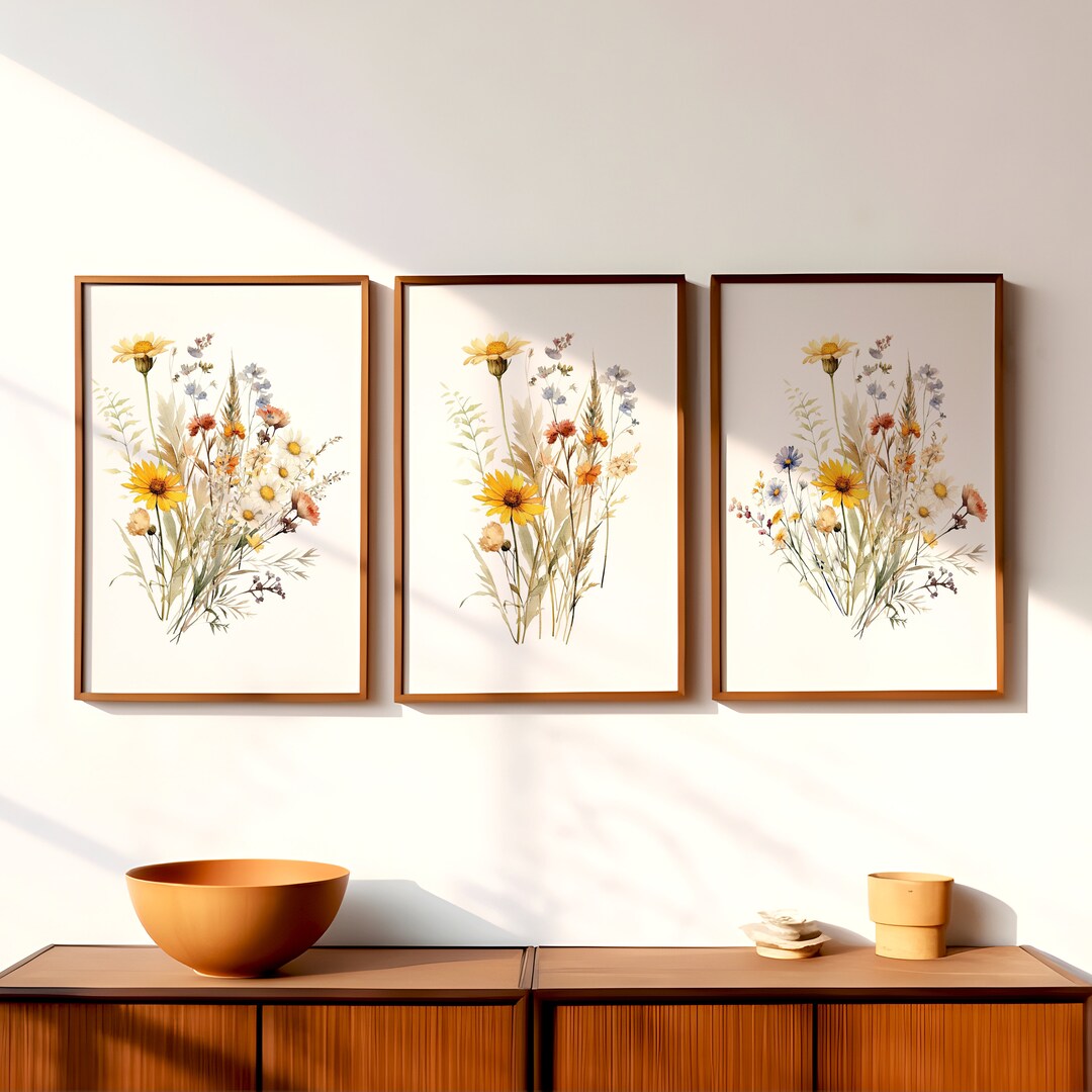 Set of 3 Wildflower Bouquets | Triptych Vintage Floral Wall Art | Antique Pressed Dried Flower ...