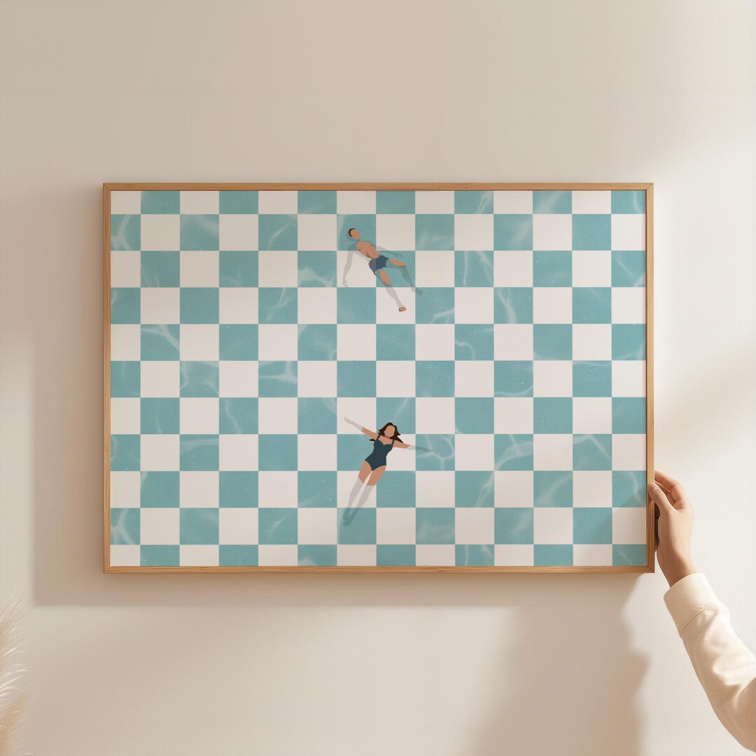 Man and Woman Floating in Retro Checkerboard Pool Art | Swimming Pool ...