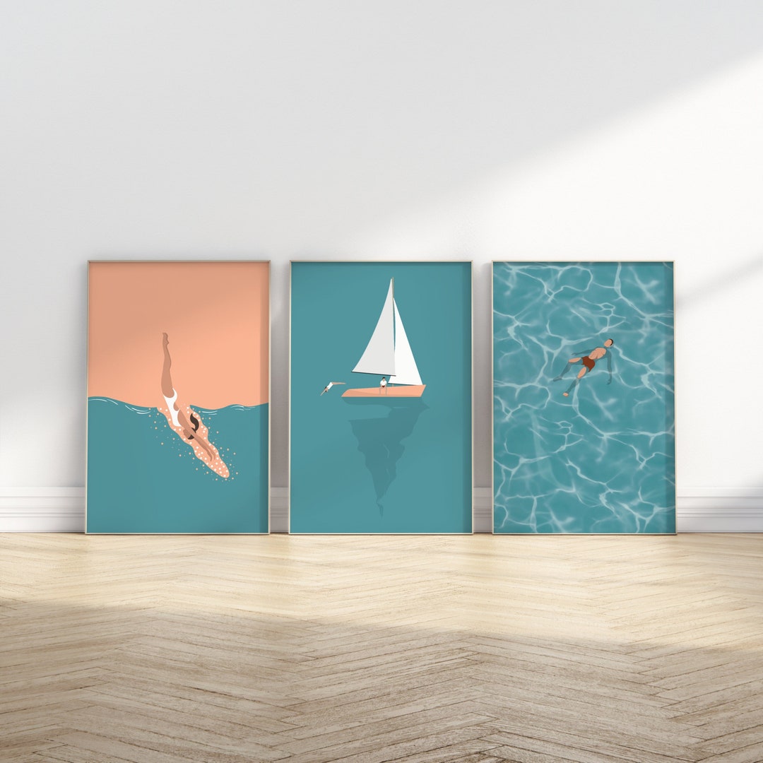 Set of 3 Minimalist Diver Prints Triptych Beach Wall Art Sailboat ...