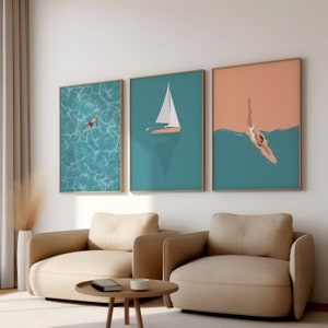 Set of 3 Minimalist Diver Prints | Triptych Beach Wall Art | Sailboat ...
