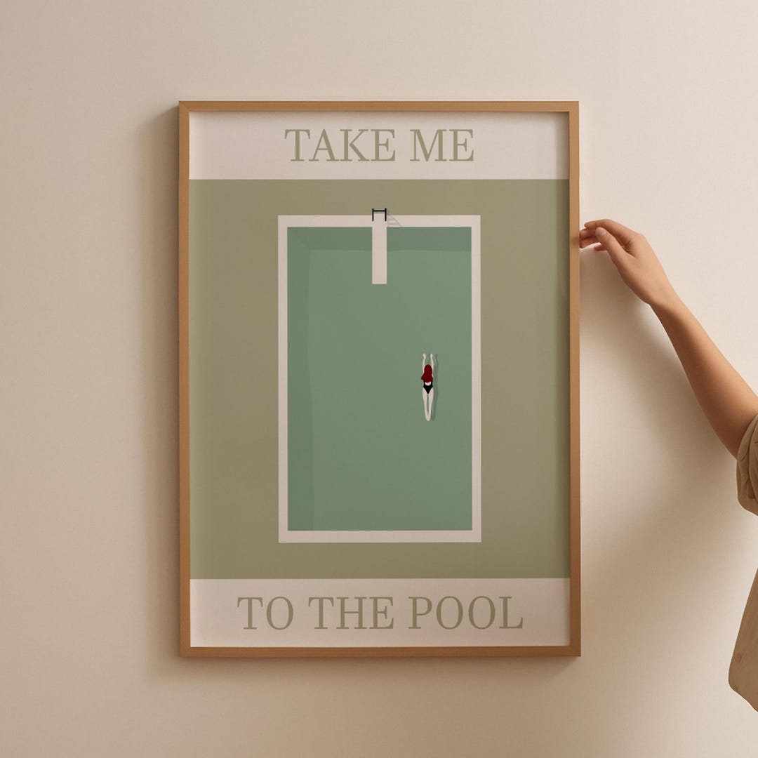 Girl Floating in Pool Retro Green Swimming Pool Art Cute Summer Pool ...