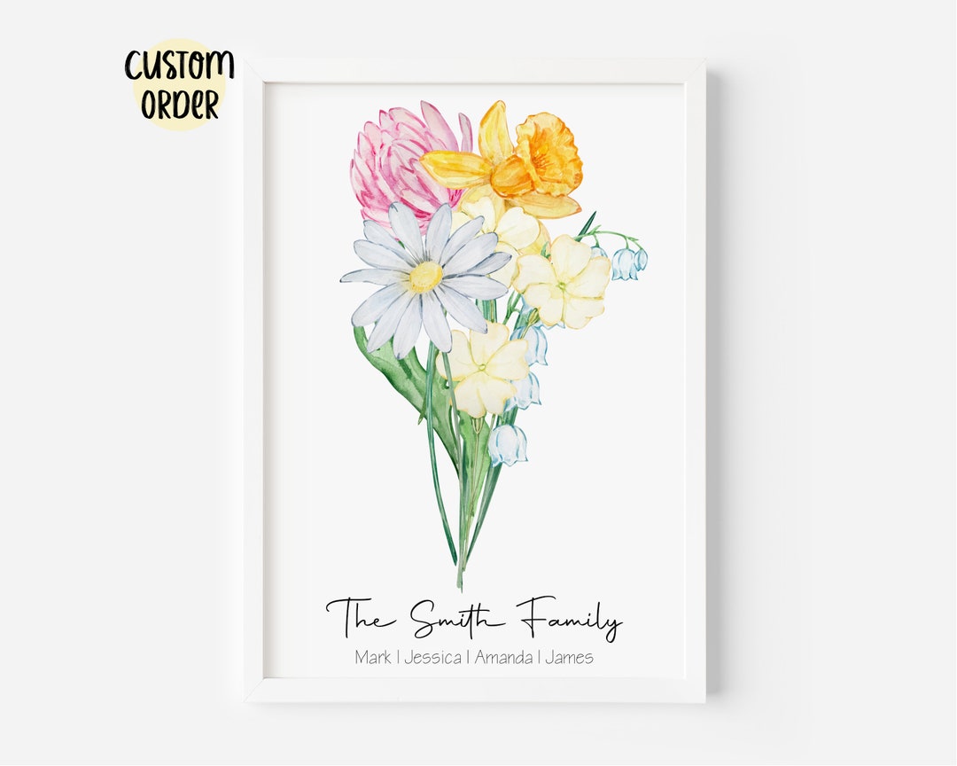 Family Flower Bouquet Art Birth Month Flower Print CUSTOM - Etsy