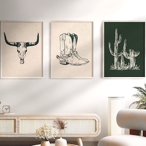 Set of 3 Cowboy Western Wall Prints | Green and White Southwest Decor ...