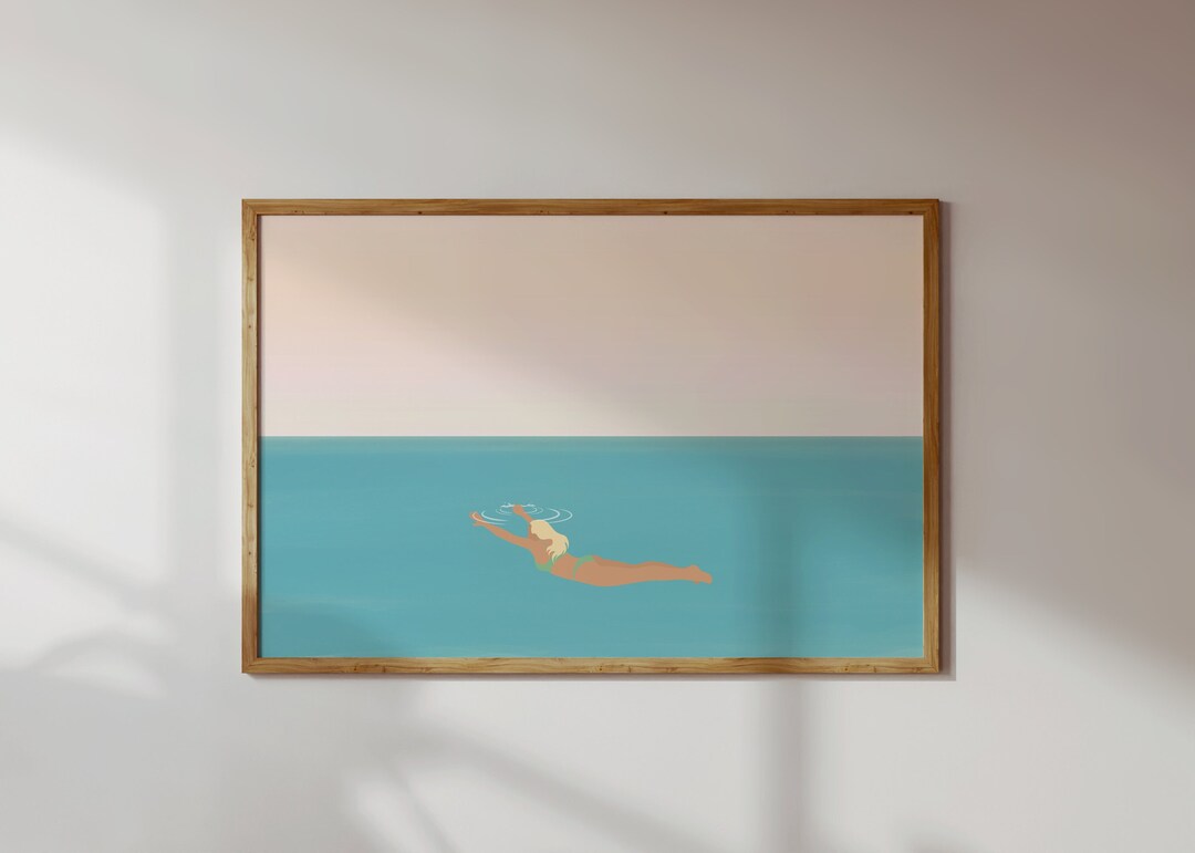 Girl Swimming in Ocean Print | Horizontal Pool Art | Minimalist ...