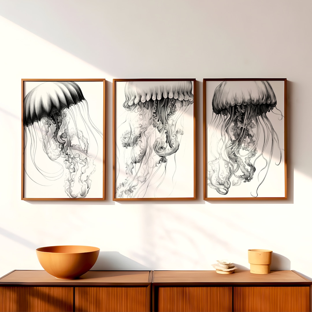 Set of 3 Oversized Jellyfish Prints | Triptych Wall Art | Black and ...