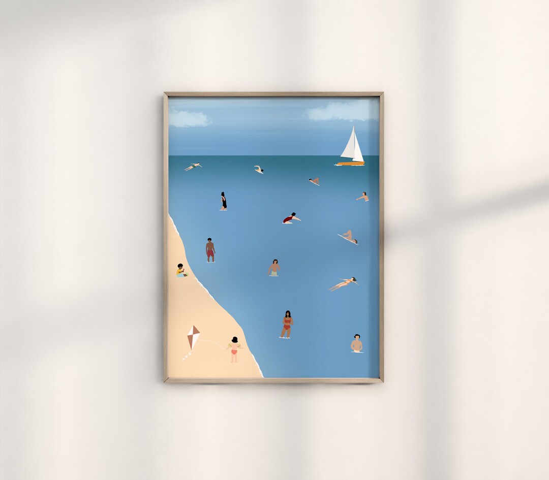 Tiny People Swimming in Ocean Art | Minimalist People Art | Beach House ...