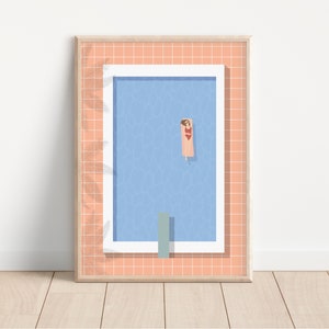 Swimmer Floating Retro Pool Print | Minimalist Pink Pool Art | Vintage ...