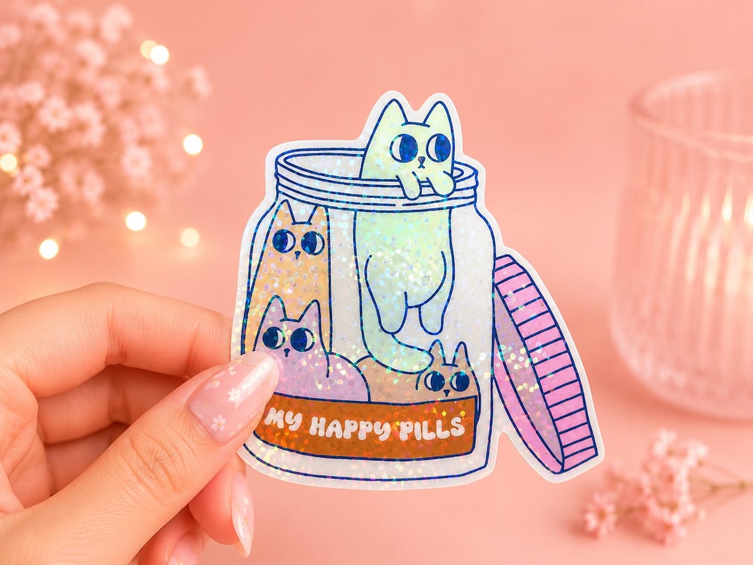 My Happy Pills Cat Vinyl Sticker or Magnet | Matte, Glitter ...