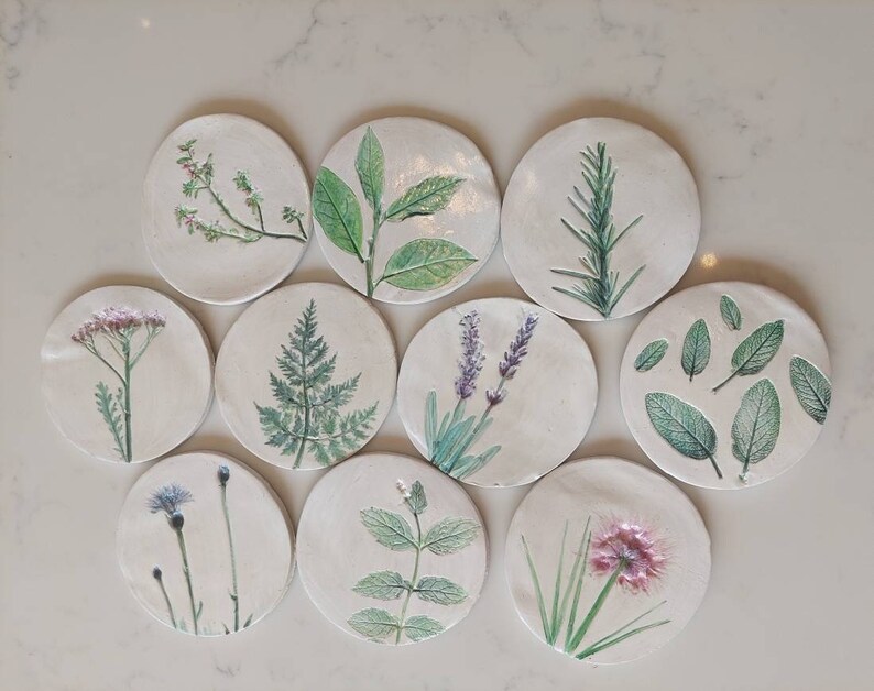 Handmade Botanical Ceramic Tiles or Coasters Wildflowers Herbs Fern ...