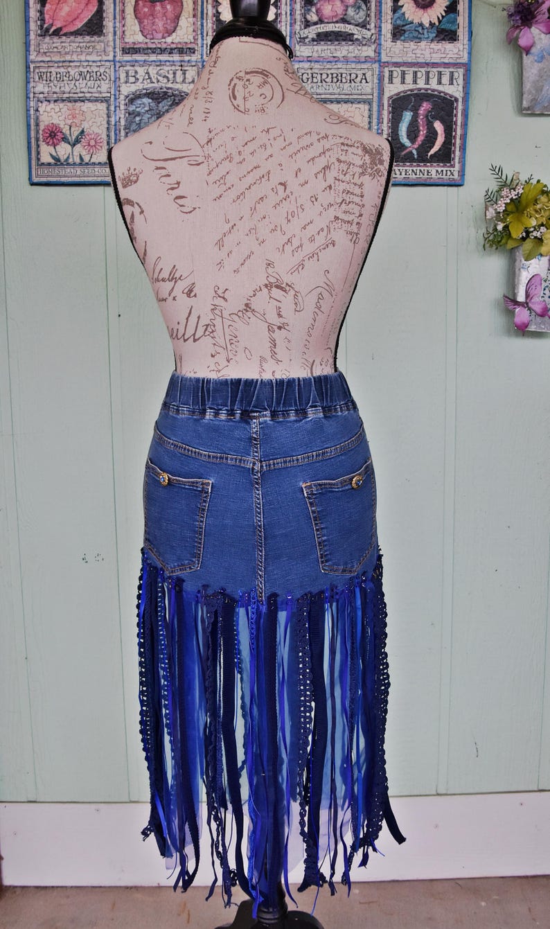 Up-cycled California Vintage Drawstring Waist Skirt, Blue Denim, Lace ...