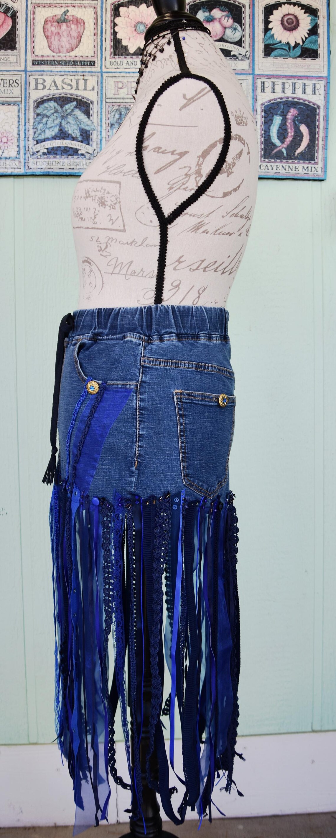 Up-cycled California Vintage Drawstring Waist Skirt, Blue Denim, Lace ...