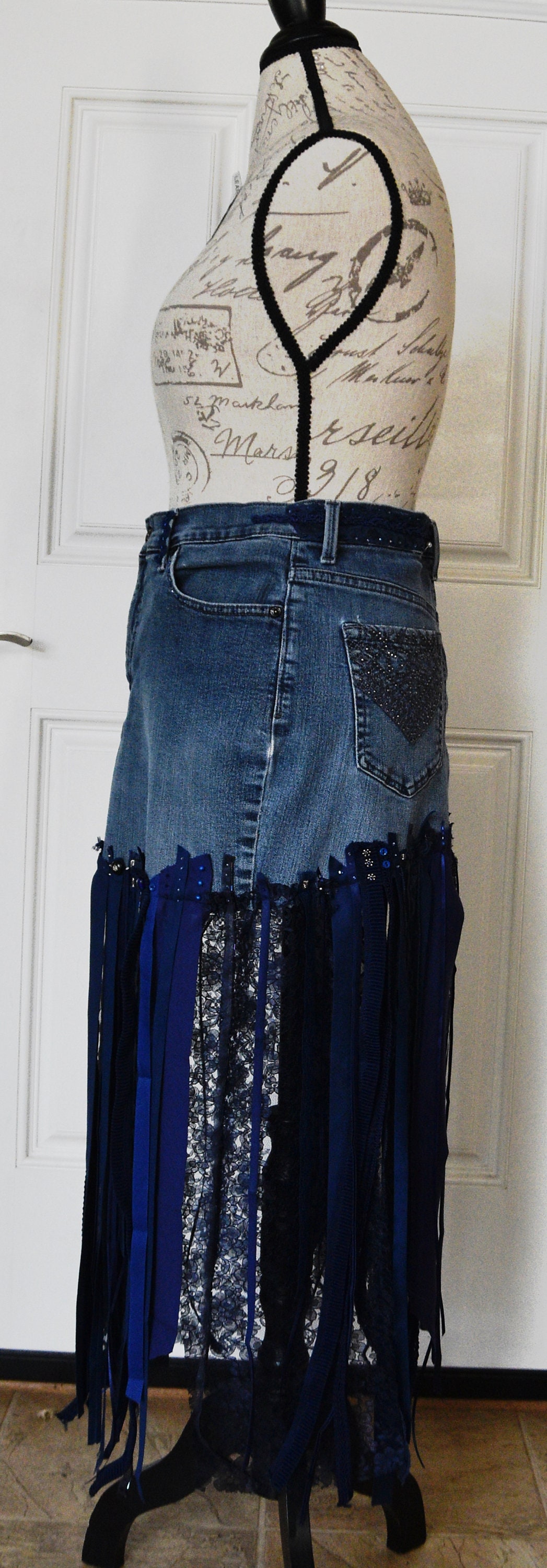 Gloria Vanderbilt, Blue Denim Upcycled, Lace, Ribbon, Unique One of A ...