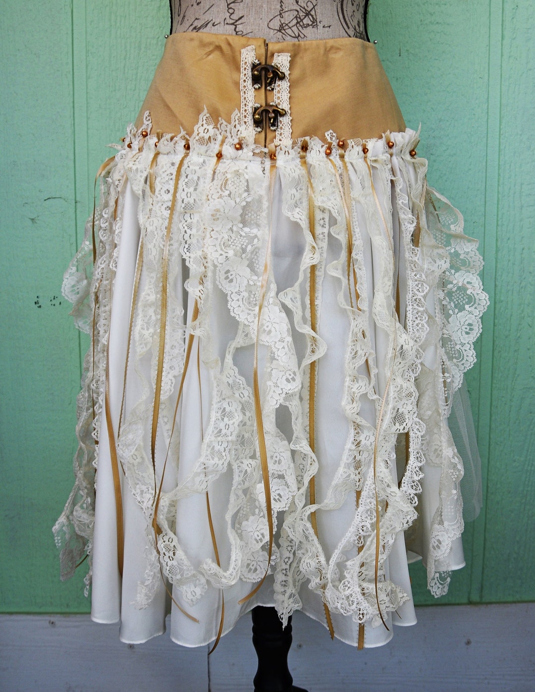 Spiegel Golden Tan, off White Netting, Lace, Ribbon & Pearls, Skirt, Wedding, Festival, Event ...