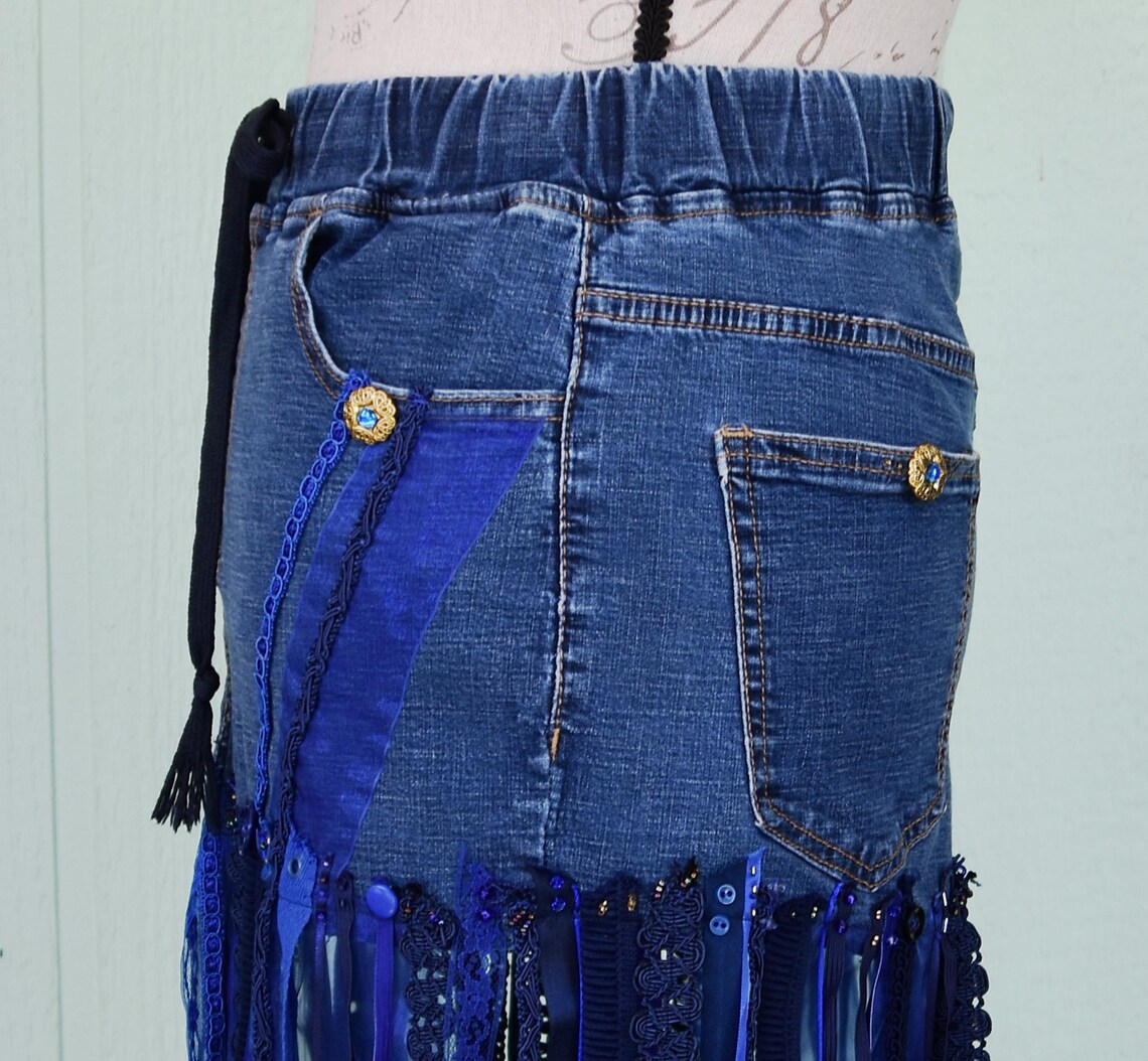 Up-cycled California Vintage Drawstring Waist Skirt, Blue Denim, Lace ...