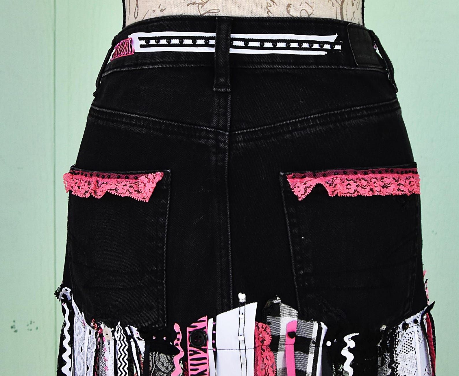 Up-cycled American Eagle. Black Jean, Hot Pink, Lace, Checks, Festival Fringe Ribbon Skirt - Etsy
