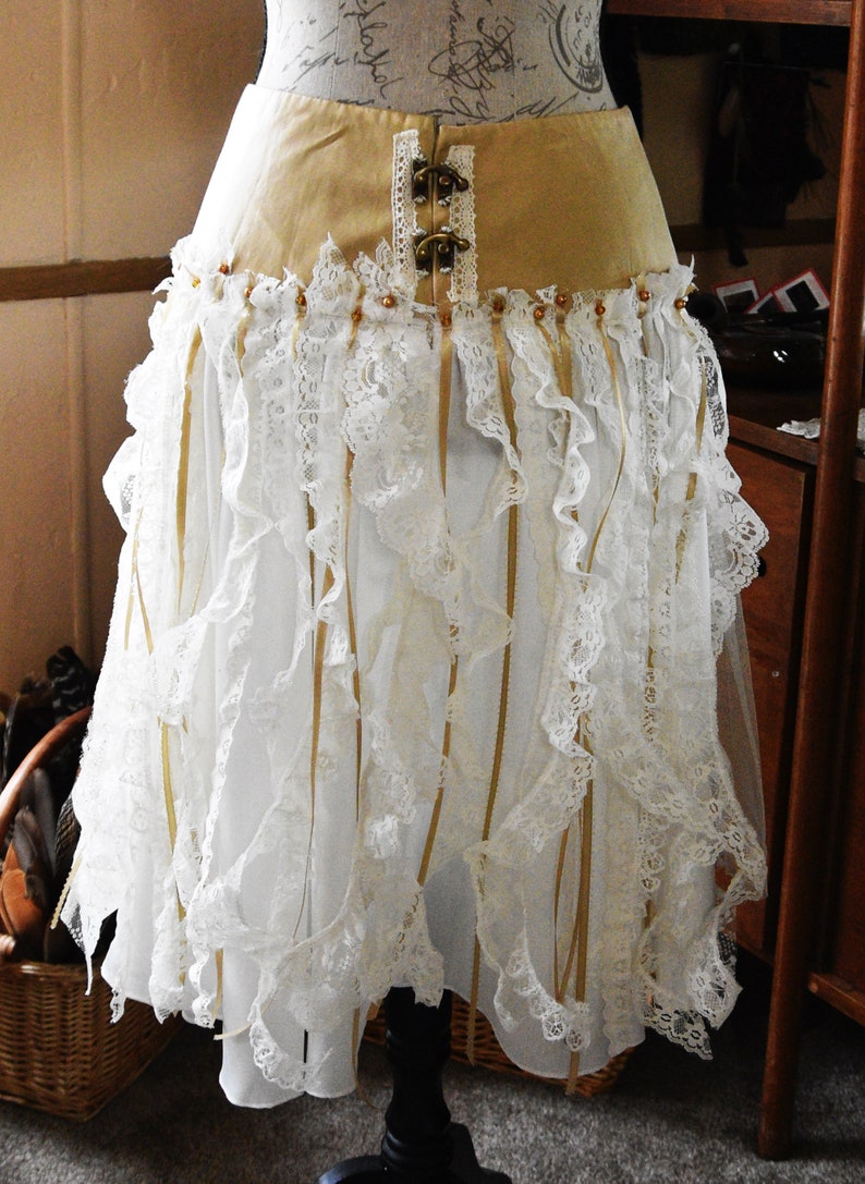 Spiegel Golden Tan, off White Netting, Lace, Ribbon & Pearls, Skirt, Wedding, Festival, Event ...