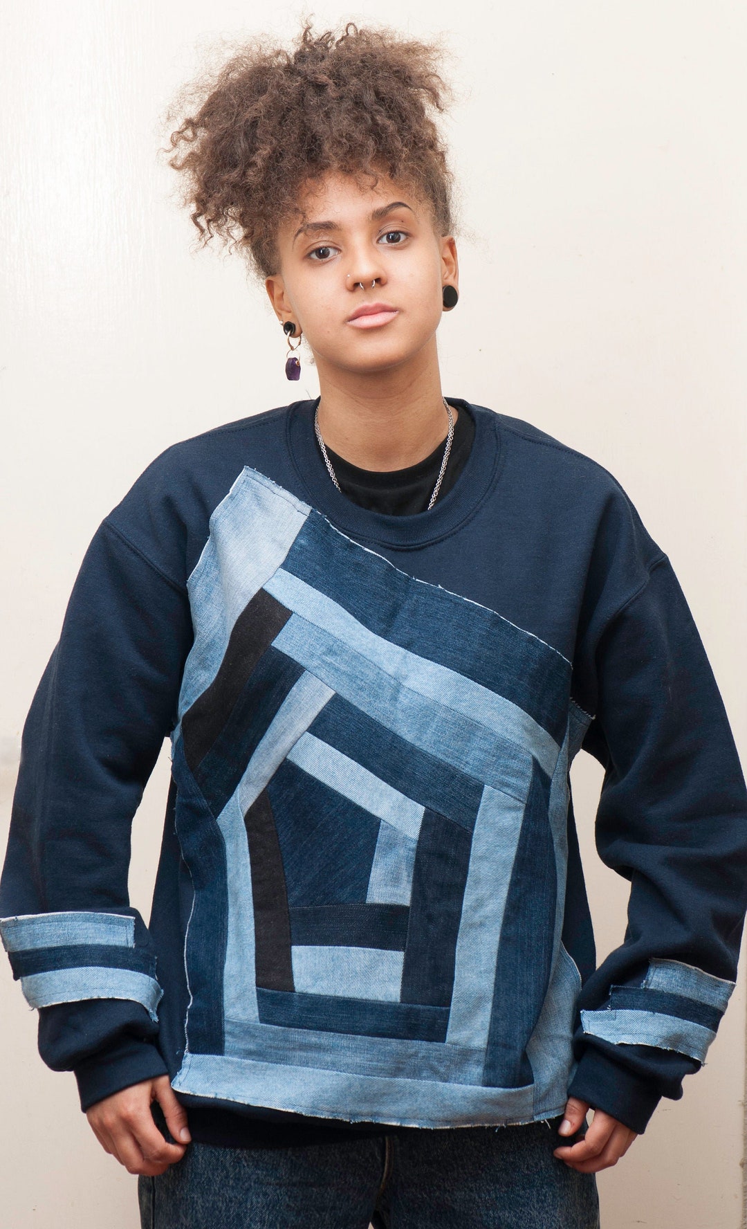 Upcycled Denim Patchwork Sweatshirt - Etsy UK
