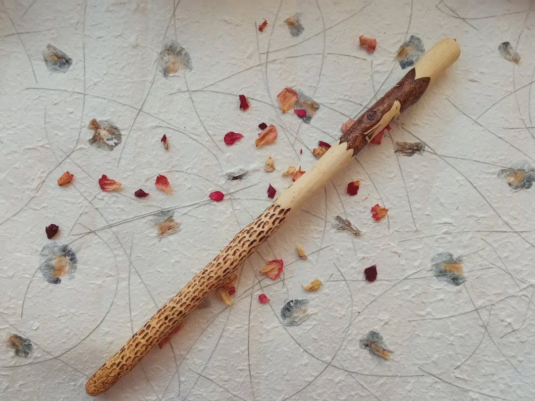 Greek Cherry Plum Wand With Snake Carving, Moon Rabbit Design and ...