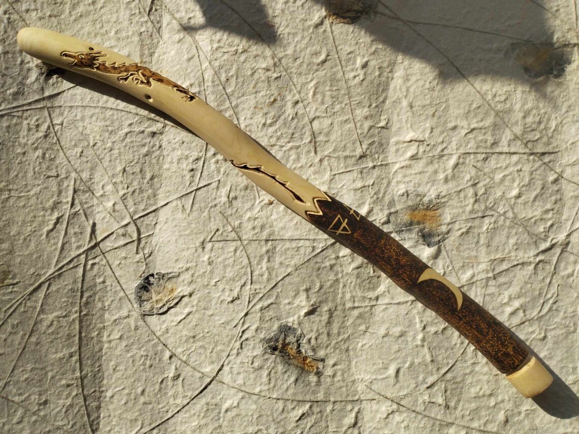 Greek Cypress Wand With Dragon Carving, Kunzite Crystal, and Wood ...