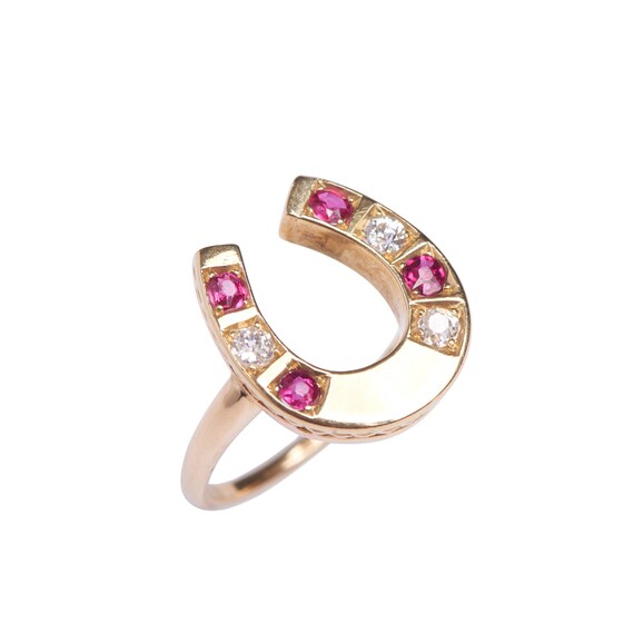 Antique 14KT Ruby and Diamond Horseshoe Ring - Etsy