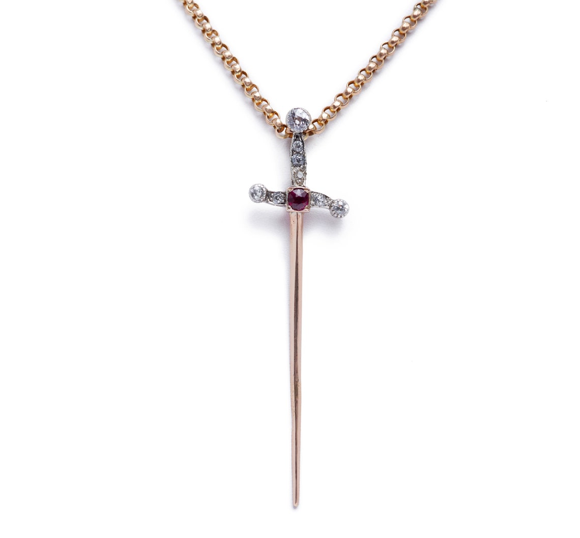 Antique Ruby Diamond and Gold Sword Pendant - Etsy
