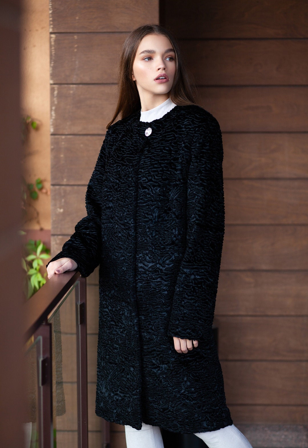 Luxury Faux Fur Coat Astrakhan Obsidian. Exclusive Eco Furs by Tissavel ...