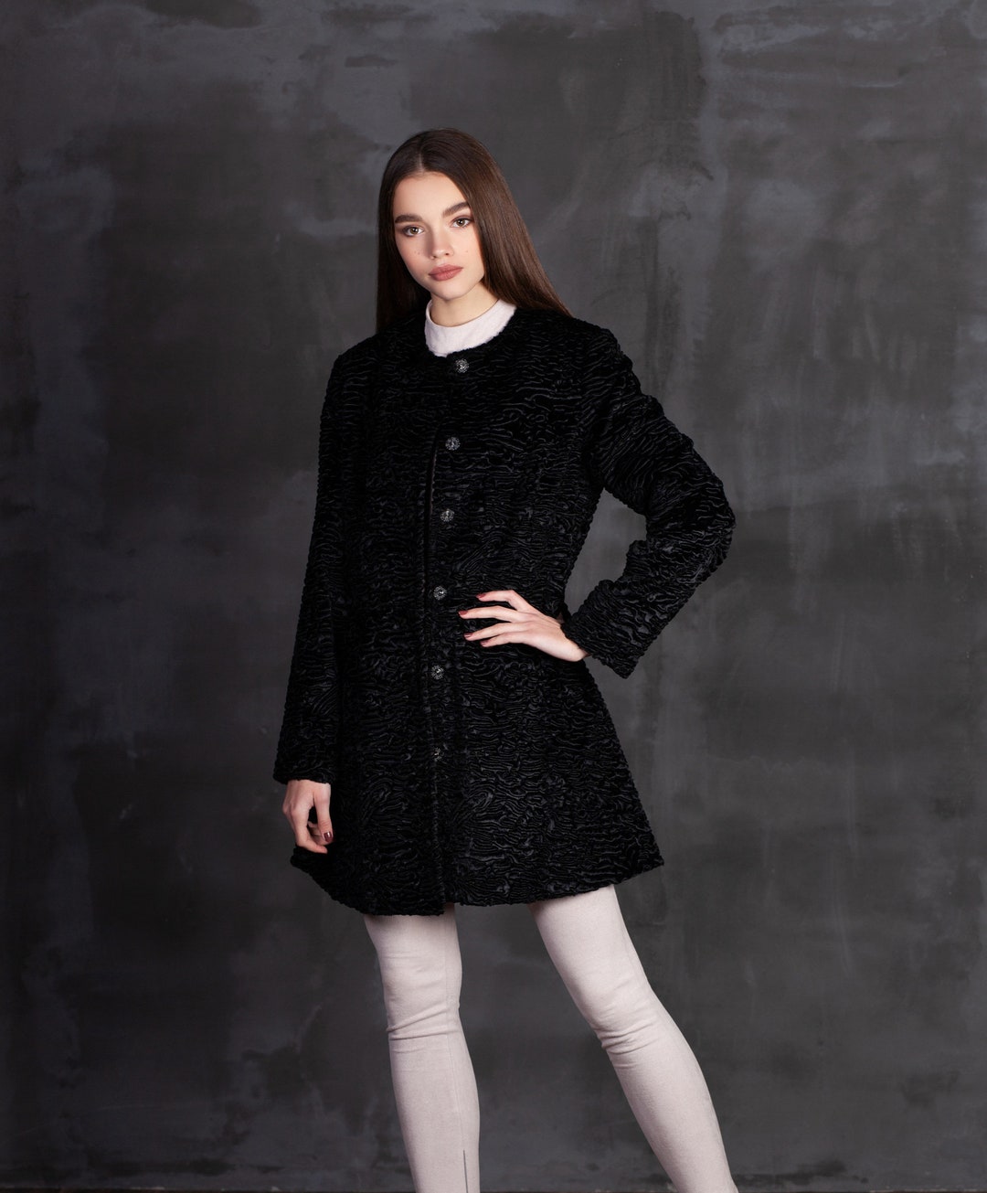 Luxury Faux Fur Coat Astrakhan Obsidian. Exclusive Eco Furs by Tissavel ...
