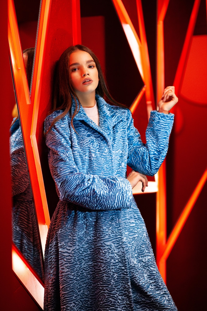 Blue Fur Coat. Fall Women Outwear. Blue Women Coat. Long Women | Etsy