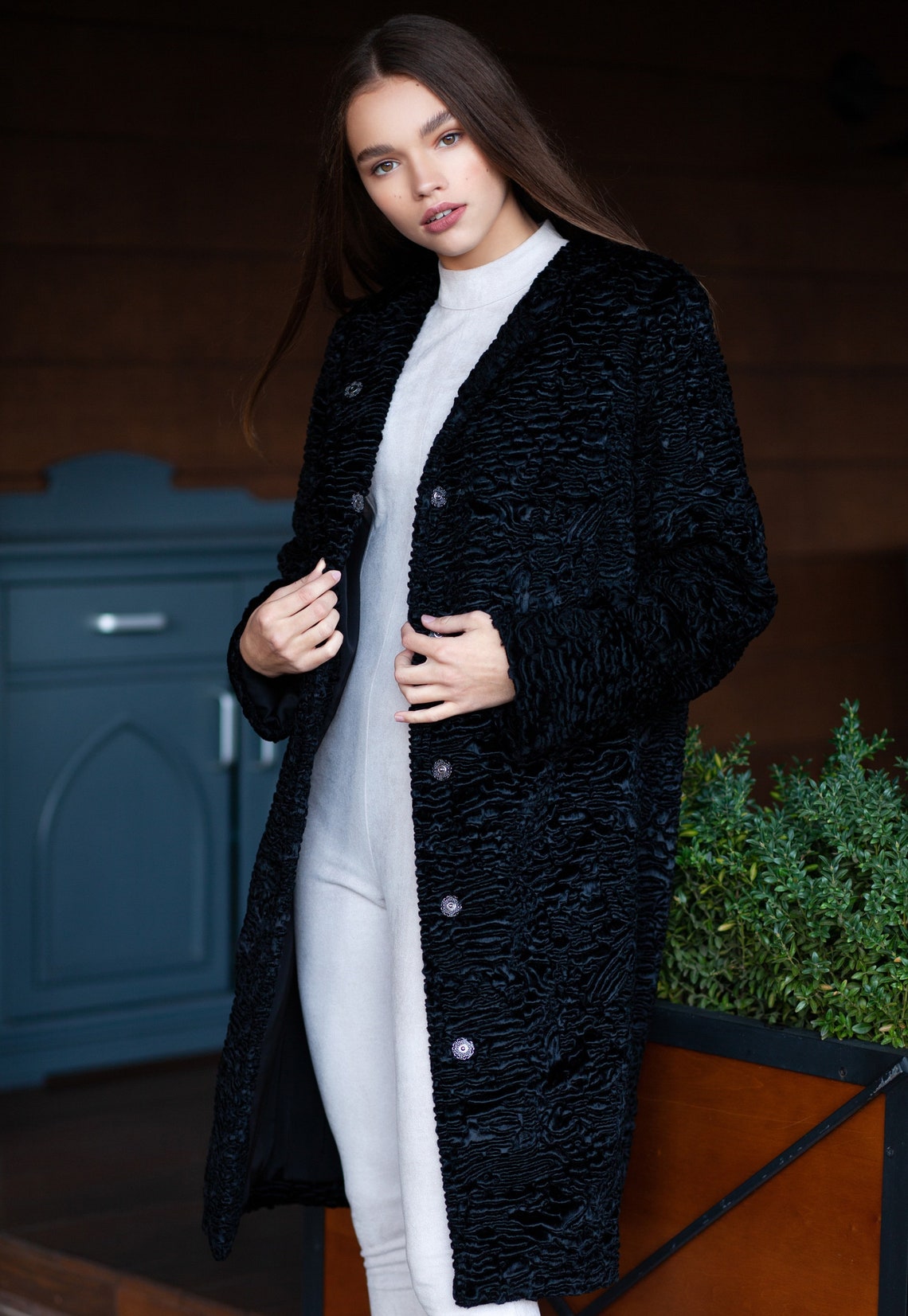 Luxury Faux Fur Coat Astrakhan Obsidian. Exclusive Eco Furs | Etsy