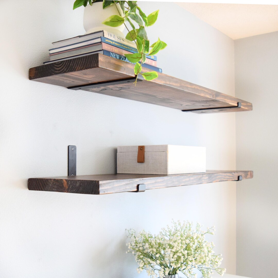 Wood Floating Shelf With Metal Black Brackets, Modern Rustic Kitchen ...
