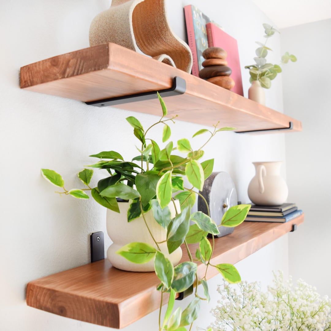 Wooden Floating Shelves - Wood Wall Shelf With Metal Braces - Farmhouse ...