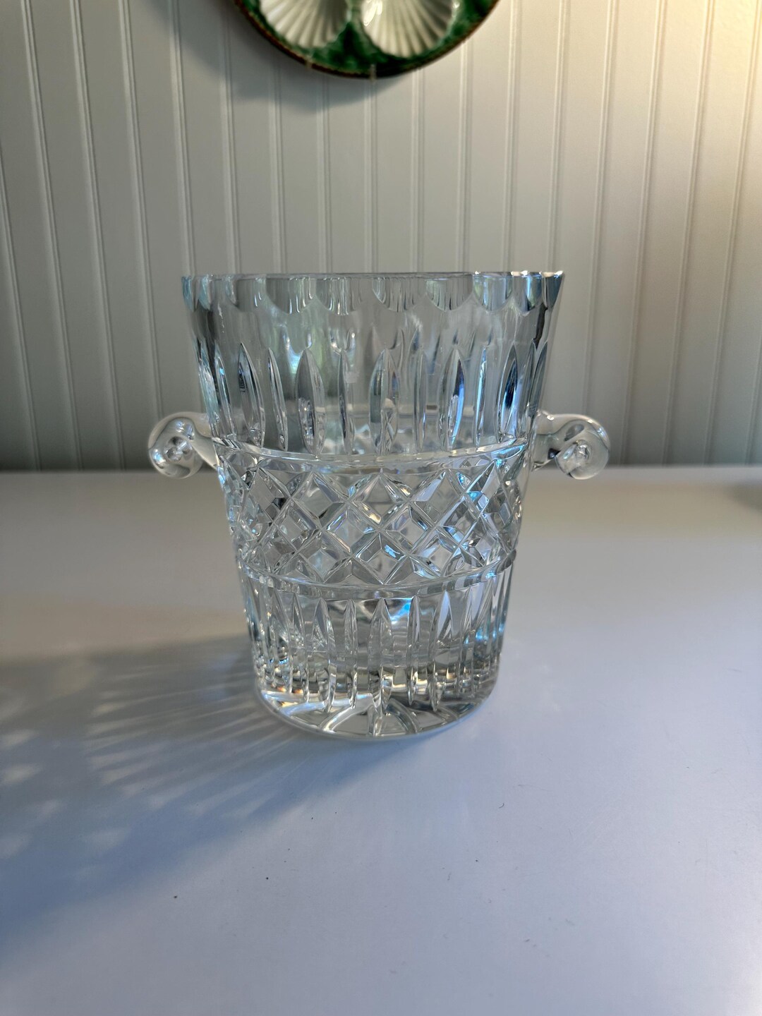 Cut Crystal Ice Bucket With Scroll Handles and Starburst Base, Vintage ...