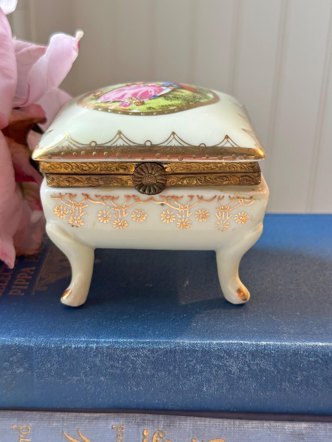 Antique Kalk German Porcelain Trinket Box, Hand-painted Courting Scene ...
