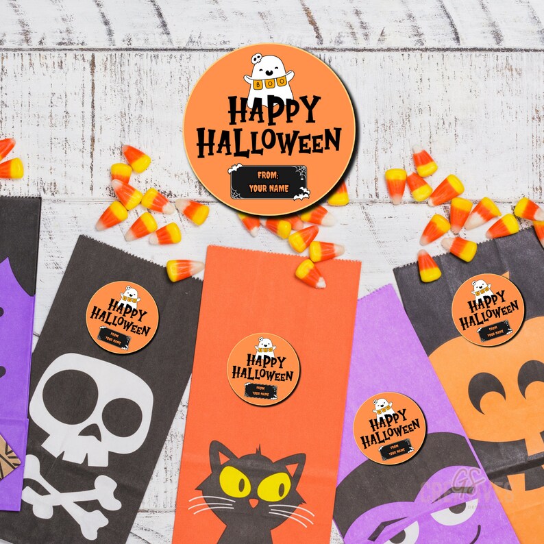 Halloween Labels, Orange and Black Round, Ready-to-print, Ghost Label ...