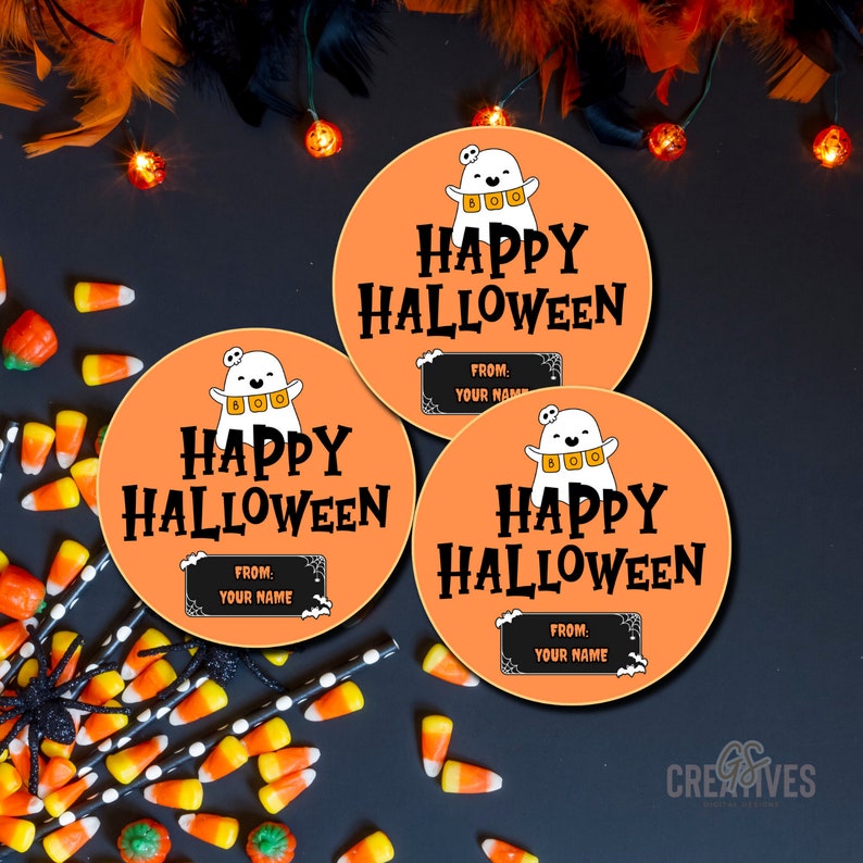 Halloween Labels, Orange and Black Round, Ready-to-print, Ghost Label ...