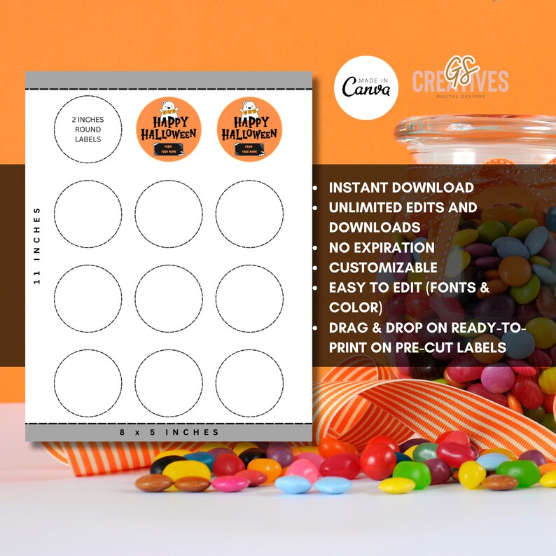 Halloween Labels, Orange and Black Round, Ready-to-print, Ghost Label ...
