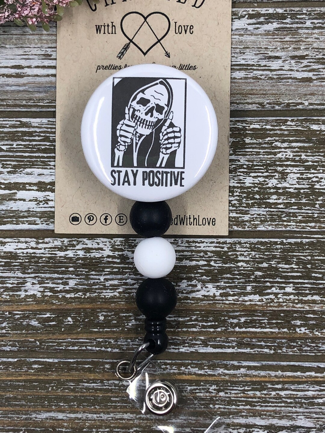 Stay Positive Badge Reel With Black and White Beads - Etsy