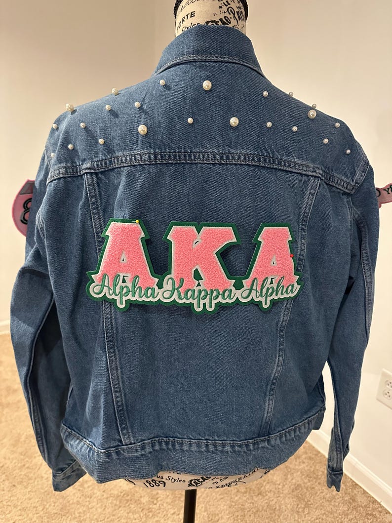 Alpha Kappa Alpha Sorority Inc. Patch Denim Jacket. Pink and Green ...
