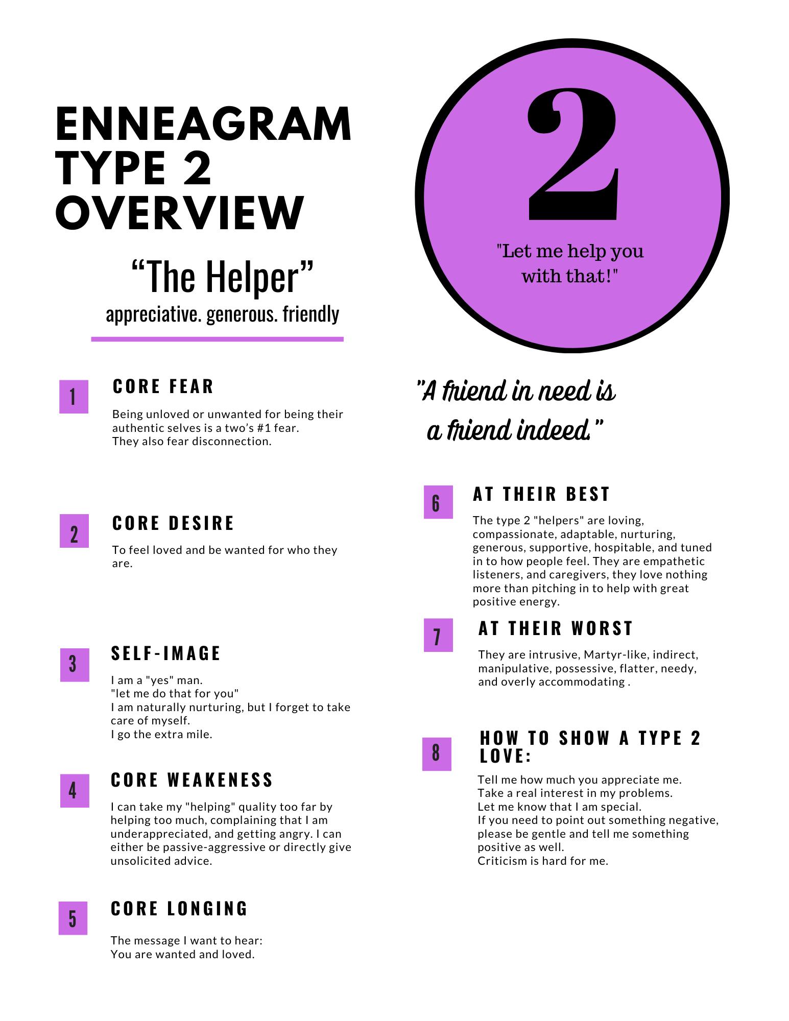 Enneagram Type 2 PDF Printable Personality Worksheet Overview - Etsy