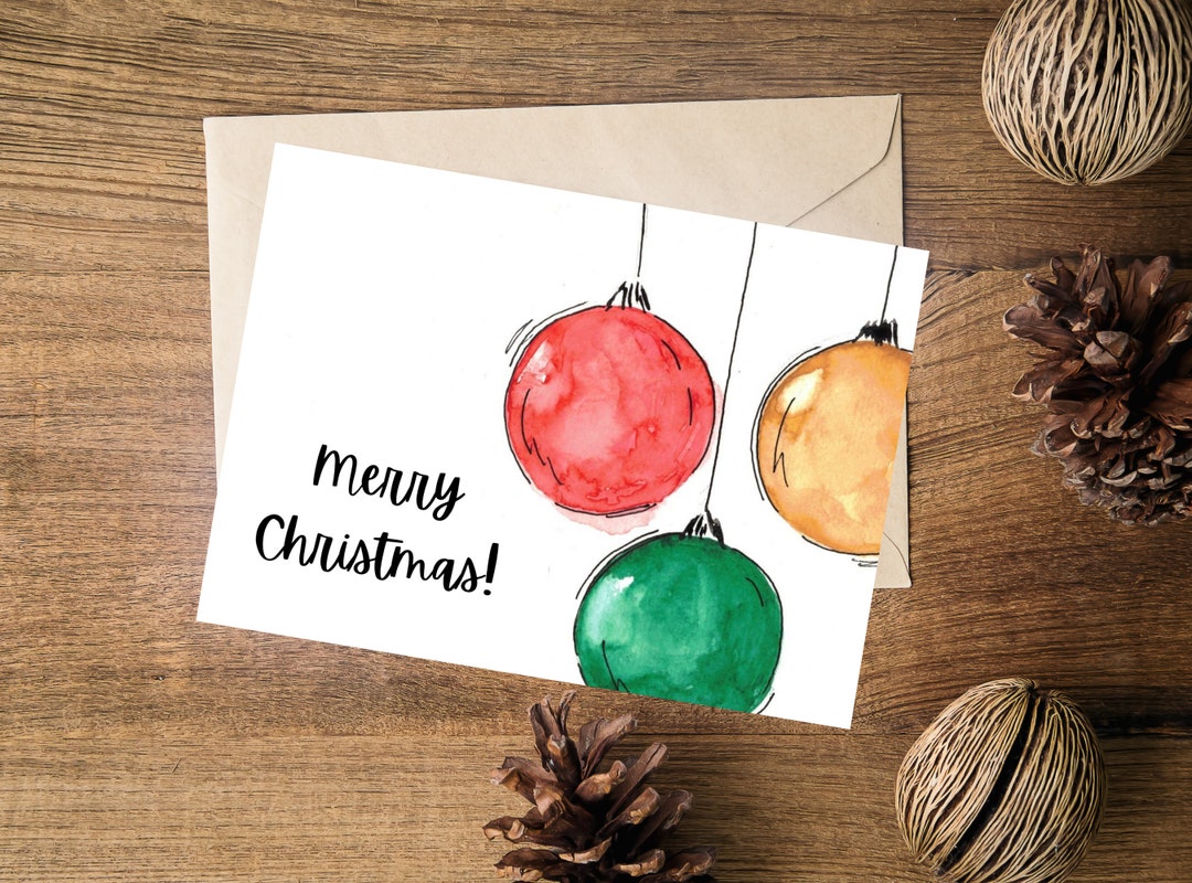 Christmas Card Watercolor Ornaments Merry Christmas 5x7 With Envelope ...